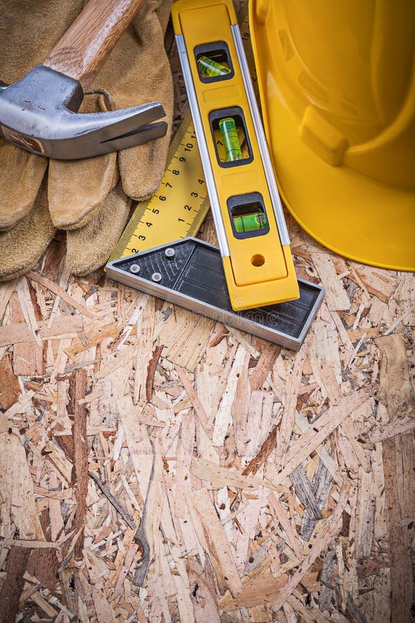Square Ruler Construction Level Claw Hammer Hard Hat Leather Gloves ...