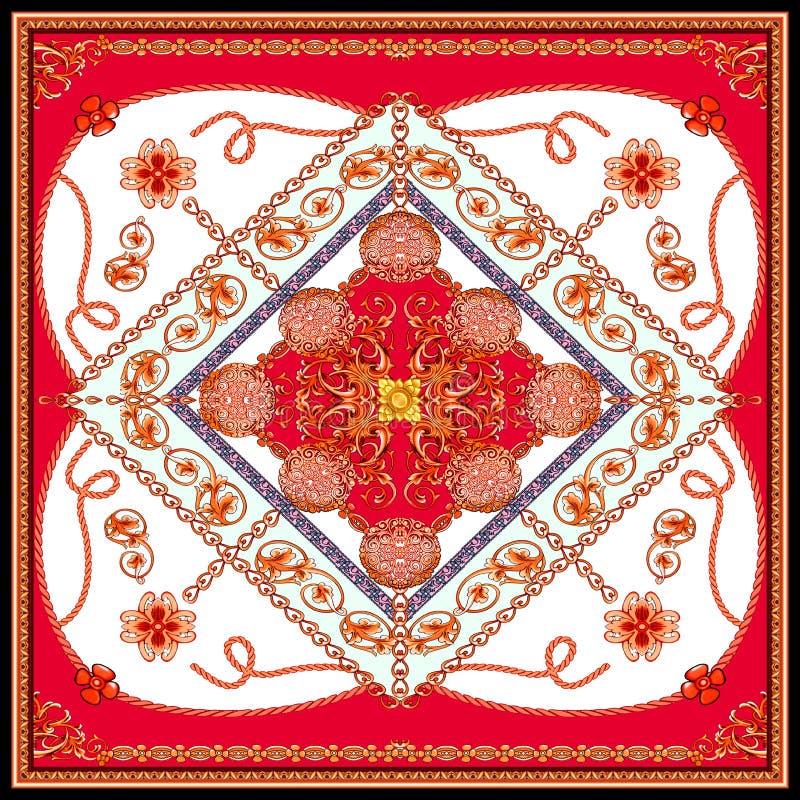 Square Scarf Design with Golden Baroque, Belt, Chains. Stock ...