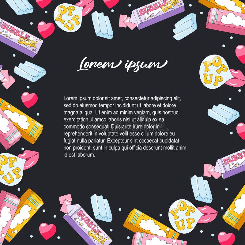 Square Shape Frame with Bubble Gum in 90s Style. Stock Vector ...