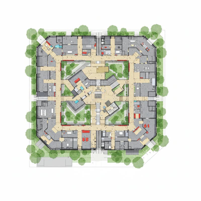 Square-shaped Architectural Floor Plan Featuring a Central Courtyard ...