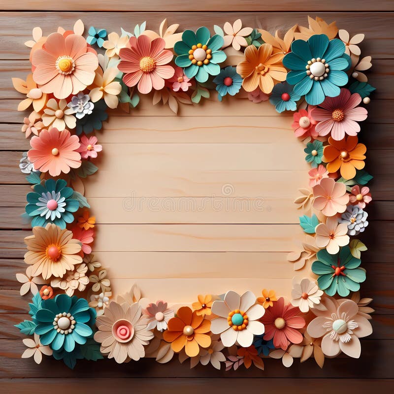 Square-shaped Flower Frame on Wooden Background Stock Illustration ...
