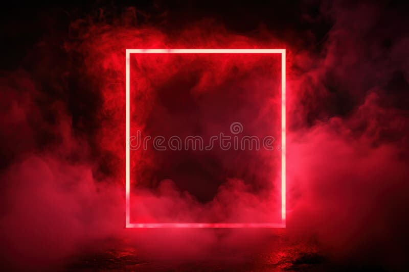 Square-shaped Neon Frame Glowing Amidst Red Smoke in a Dark Setting ...