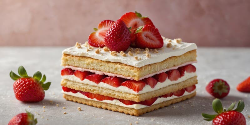 Square Shaped Piece of Layered Strawberry and Cream Biscuits Shortcake ...