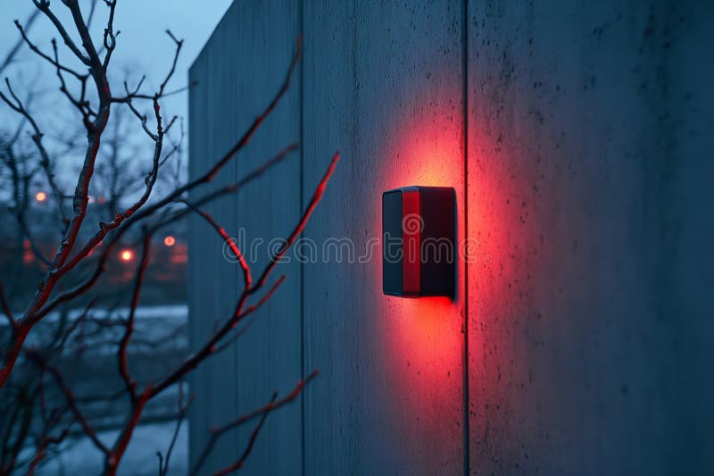 A Square-shaped Security Light Emitting a Red Glow is Mounted on an ...