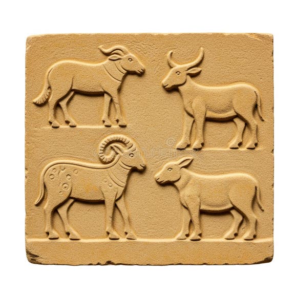 Square-shaped Stone Relief Panel Featuring Four Animals Sculpted in Bas ...