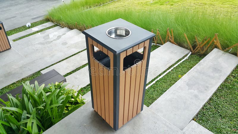 A Square-shaped Wooden Trash Can with an Ashtray at the Top Stock Image ...