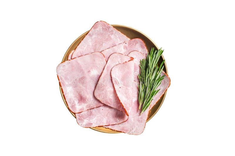 Square Sliced Pork Meat Ham on Plate. Isolated on White Background ...