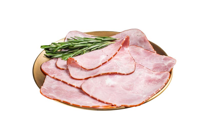 Square Sliced Pork Meat Ham on Plate. Isolated on White Background. Top ...