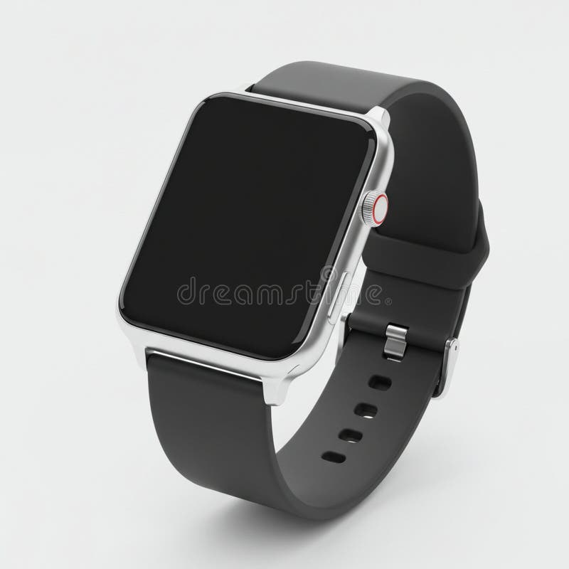 Square Smartwatch with a Black Screen and Silver Casing. the Black Band ...