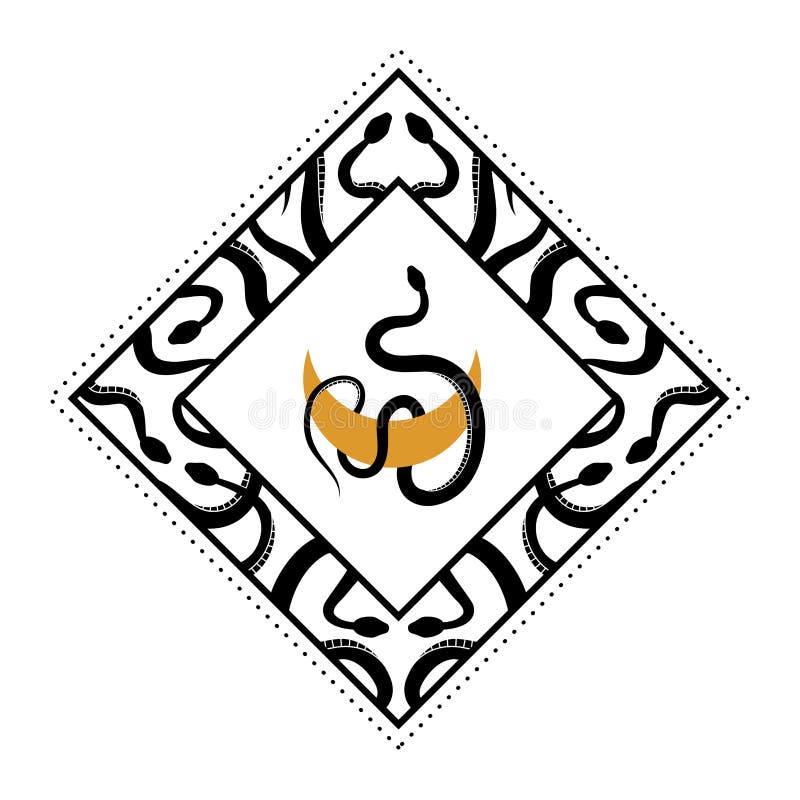 Monochrome Square Snake Frame. Mystic Snake and Moon in Rectangular ...
