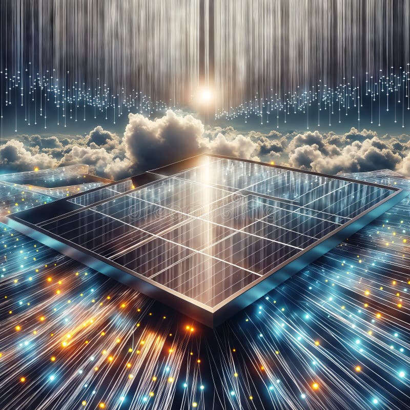 Data Stream Sky: Square Solar Panel with a Cloudy Sky and Data Streams ...