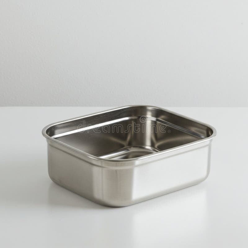 A Square Stainless Steel Container with Rounded Edges Sits on a White ...