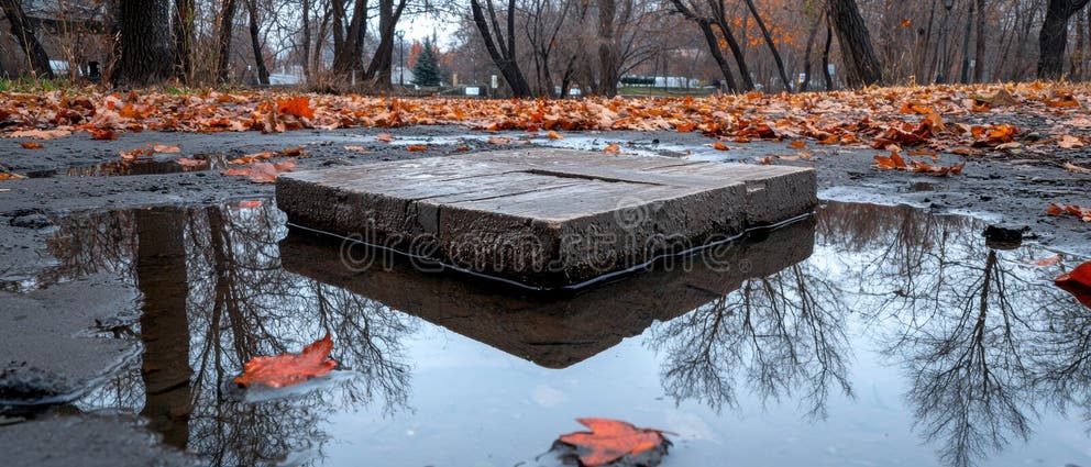 A Square Stone in a Puddle. Stock Image - Image of brown, large: 375356027