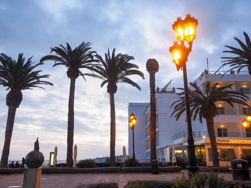 Square at Sunset with Palm Trees and Lampposts Concept of Travel and ...