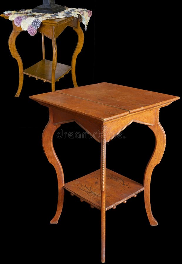 Use Quilt & Lamp To Cover Damage of an Antique Square Table. Isolated ...