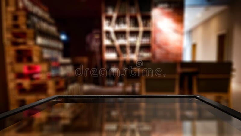Square Table Top with Blurred Bar Background. Space for Advertising ...