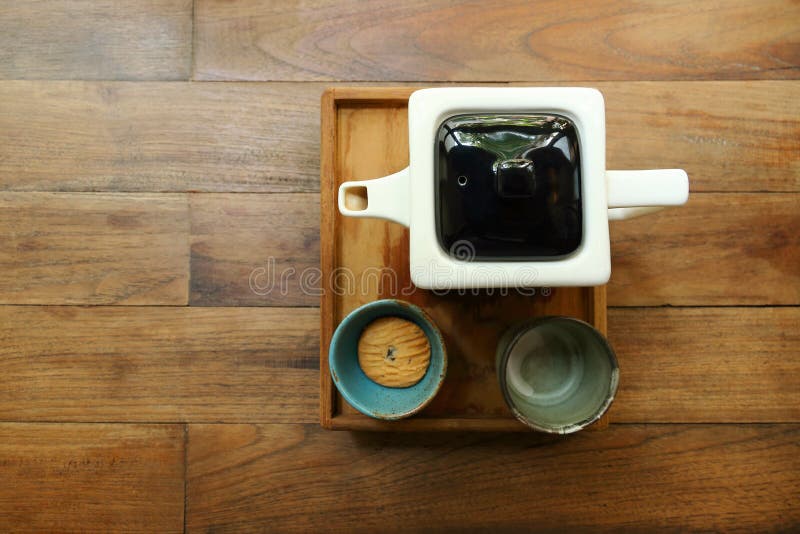 Square Tea Pot and Cups on Wood Tray Stock Image - Image of brown ...