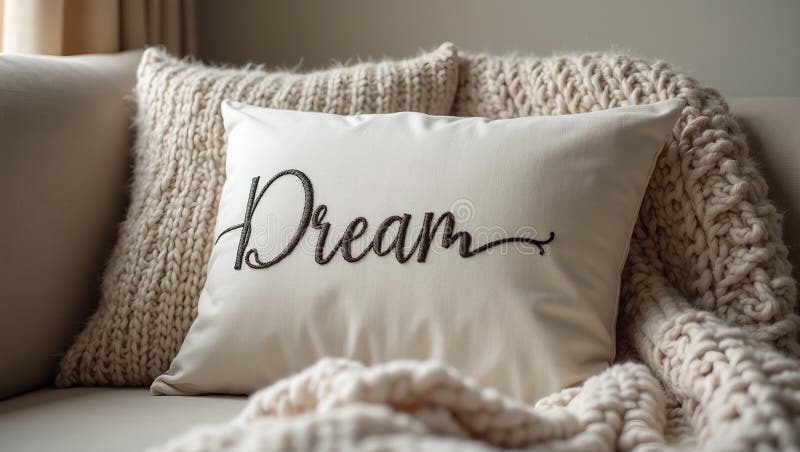 Square Throw Pillow with Dream in Cursive on Cozy Sofa with Knitted ...