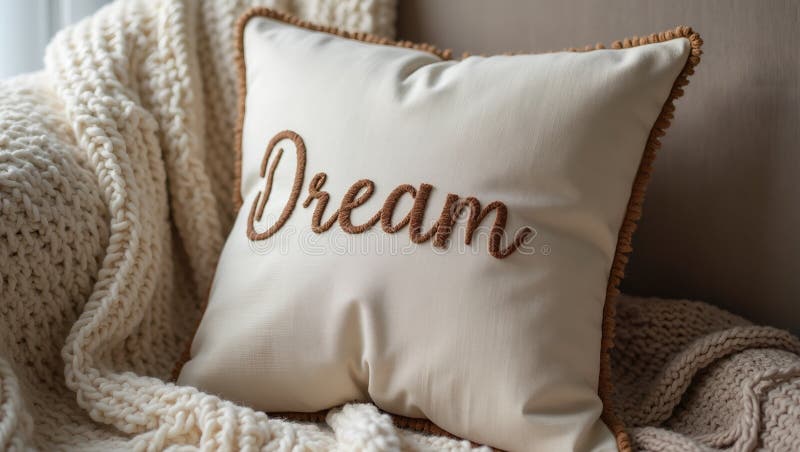 Square Throw Pillow with Dream in Cursive on Cozy Sofa with Knitted ...
