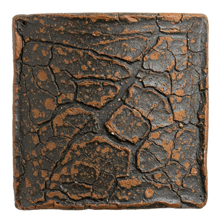 A Square Tile Features a Cracked, Weathered Texture with a Dark Brown and Black Stock ...