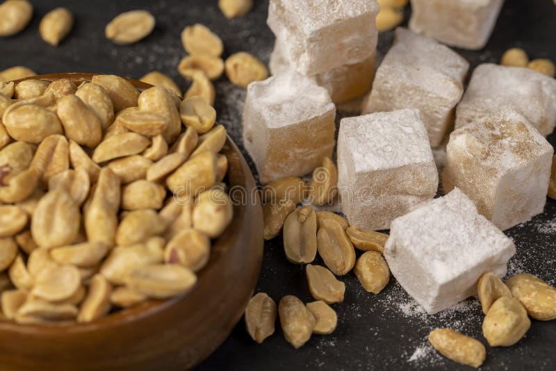 Square Turkish Delight in Powdered Sugar with Nuts Inside, Scattered ...