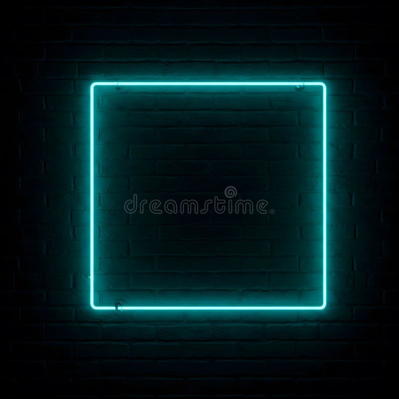 A Square Turquoise Neon Light Frame Glows Against a Dark Brick Wall ...