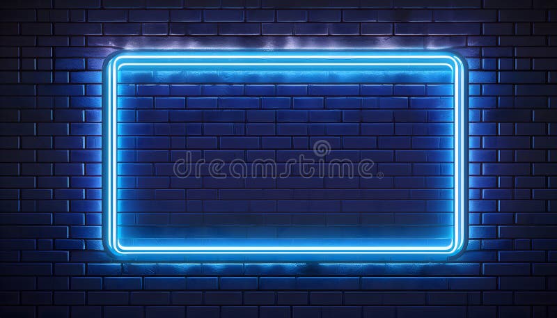 A Square Turquoise Neon Light Frame Glows Against a Dark Brick Wall ...