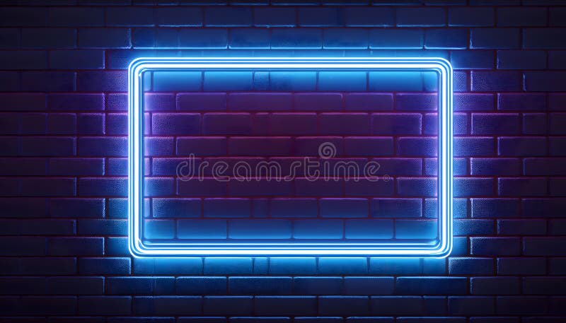 A Square Turquoise Neon Light Frame Glows Against a Dark Brick Wall ...