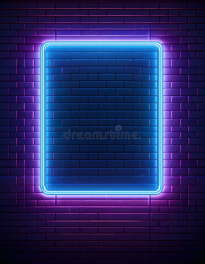 A Square Turquoise Neon Light Frame Glows Against a Dark Brick Wall ...