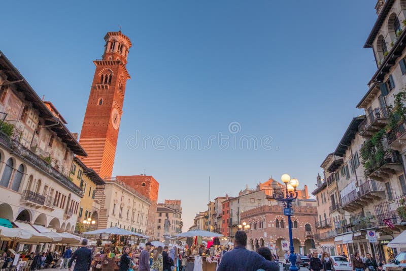 Square in Verona with a Market Full of People. Editorial Stock Photo ...