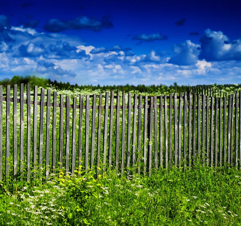 Square Vivid Summer Village Fence Horizon Cloudscape Background Stock ...