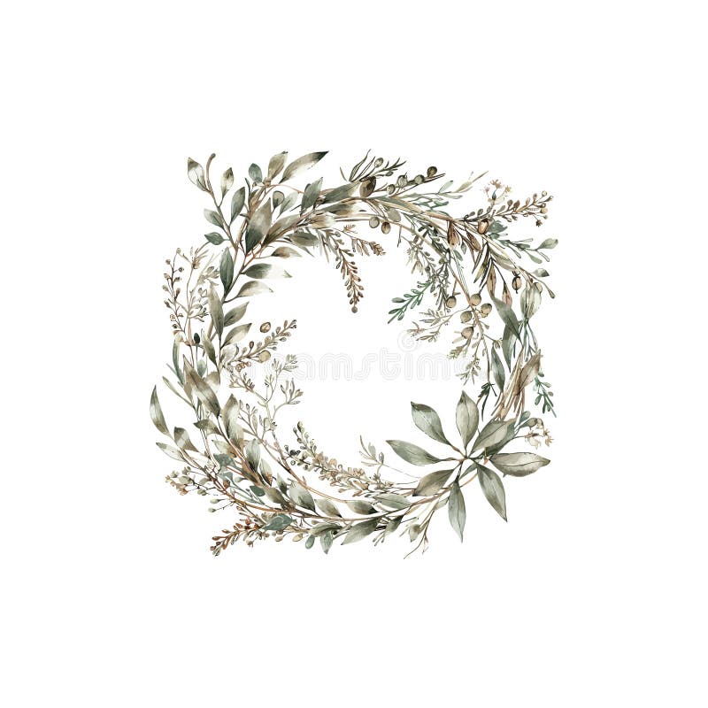 Square Watercolor Botanical Wreath with Green Foliage. Vector ...