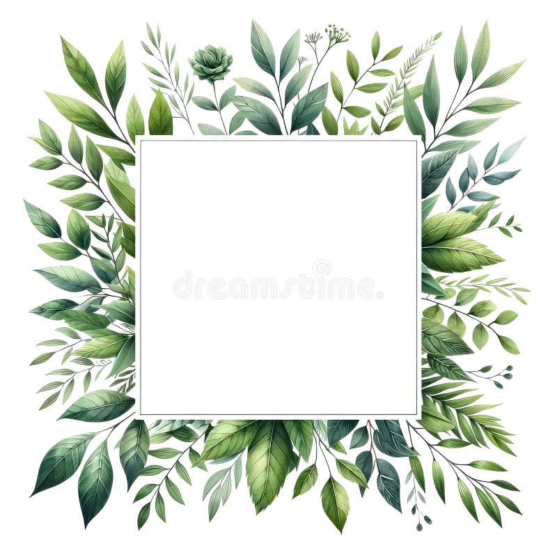 A Square Watercolor Frame Green Leaves on White Background Stock Photo ...
