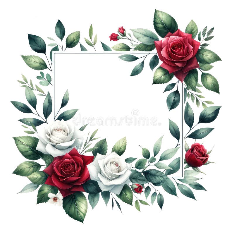 A Square Watercolor Frame Roses and Leaves on White Background Stock ...