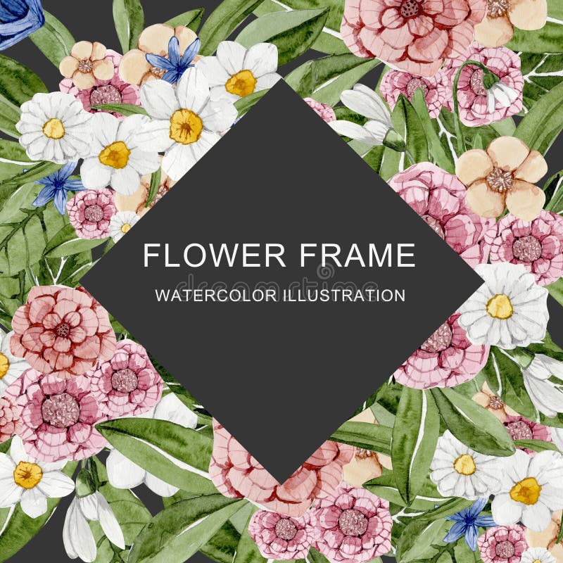 Square Watercolor Frame with Spring Flowers, Place for Text Stock Image ...