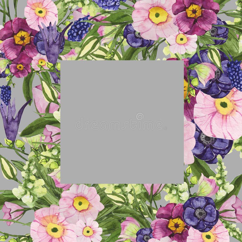 Square Watercolor Frame with Spring Flowers, Place for Text Stock Photo ...