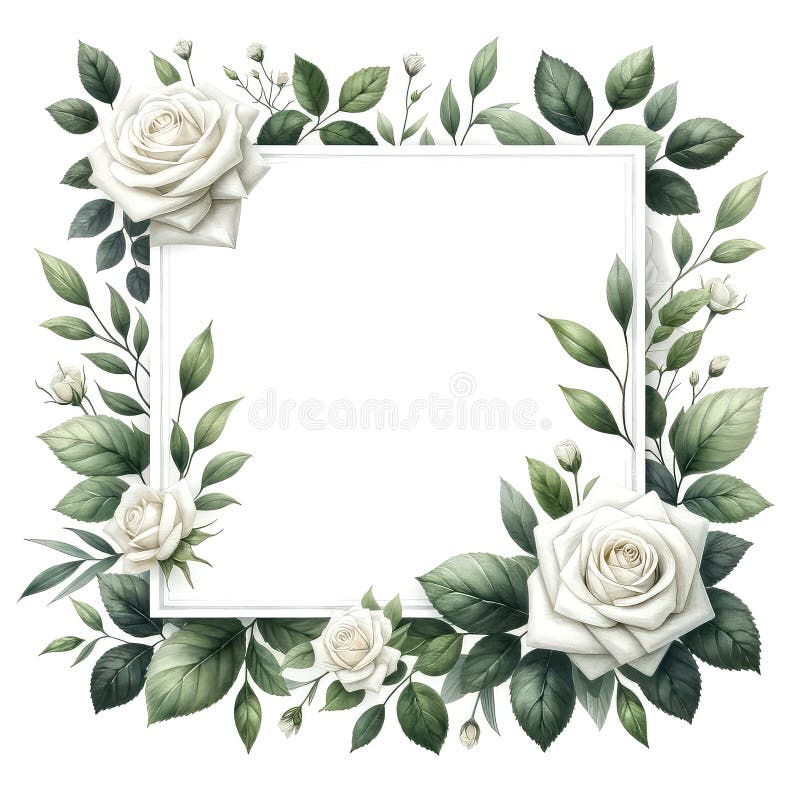 A Square Watercolor Frame White Roses and Leaves on White Backgr Stock ...