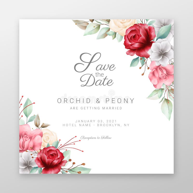 Square Wedding Invitation Cards with Beautiful Flowers Border. Wedding ...