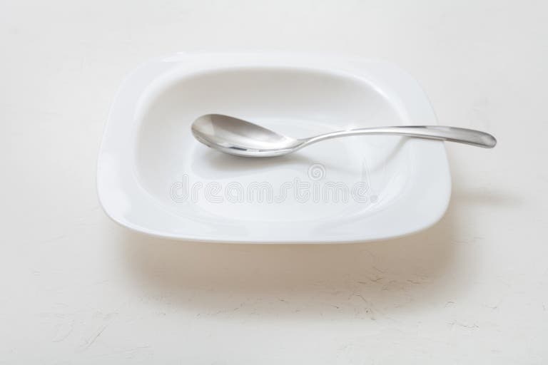 Square White Bowl with Spoon on Plaster Stock Image - Image of food ...