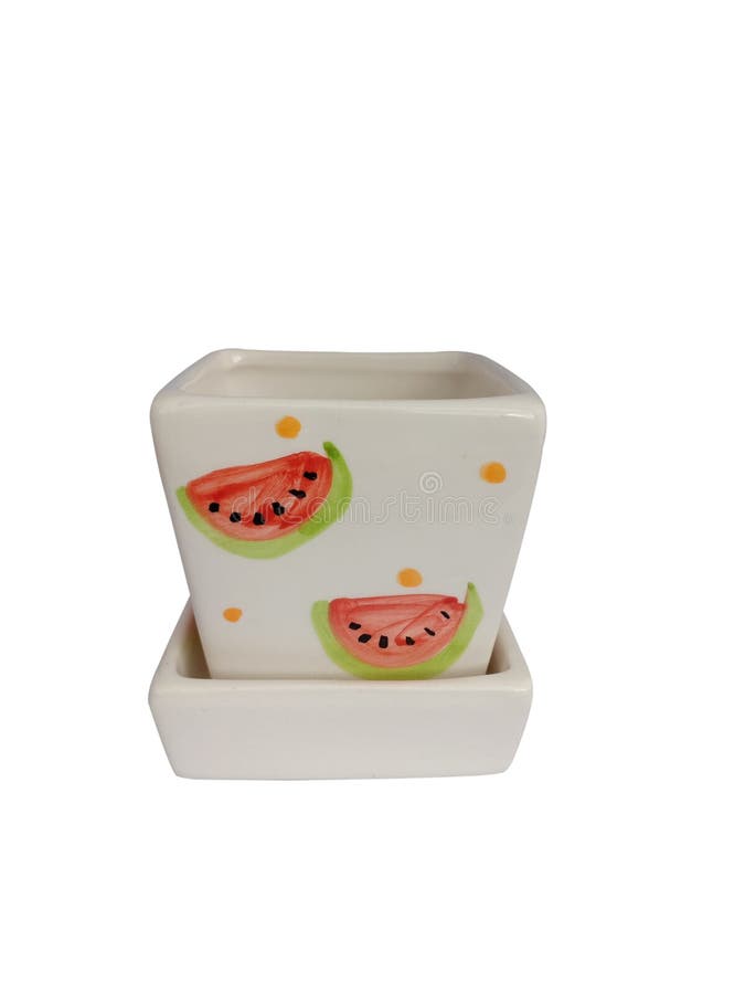 Square White Ceramic Pot with Watermelon Painted. Stock Image - Image ...
