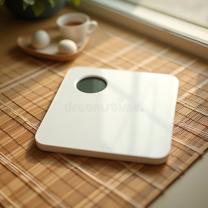 Square White Scale on Bamboo Mat with Eggs and Cup in Soft Natural ...