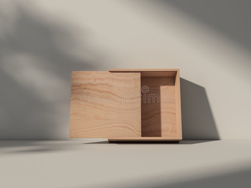 Square Wooden Box Mockup Standing on White Table with Shadows from ...