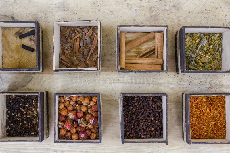 Square Wooden Boxes with Various Bright Multi-colored Spices on the ...