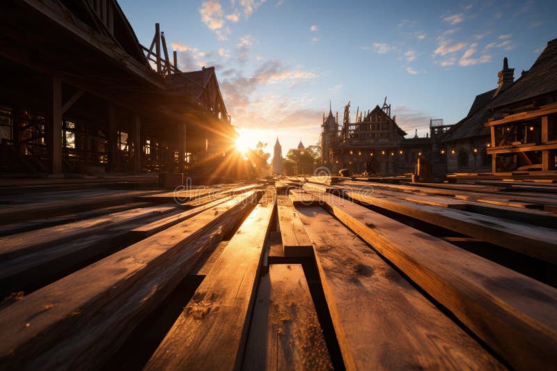 Square Wooden Frame on Ground with Sun Backdrop, Construction and ...