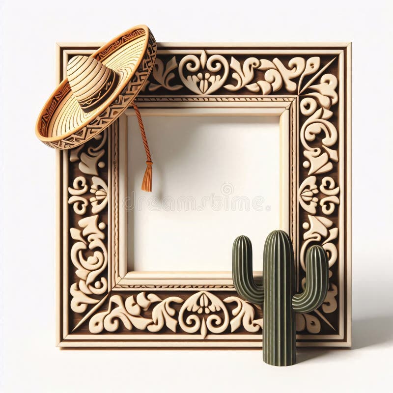 Square Wooden Frame with Mexican Style Pattern with Sombrero in the ...