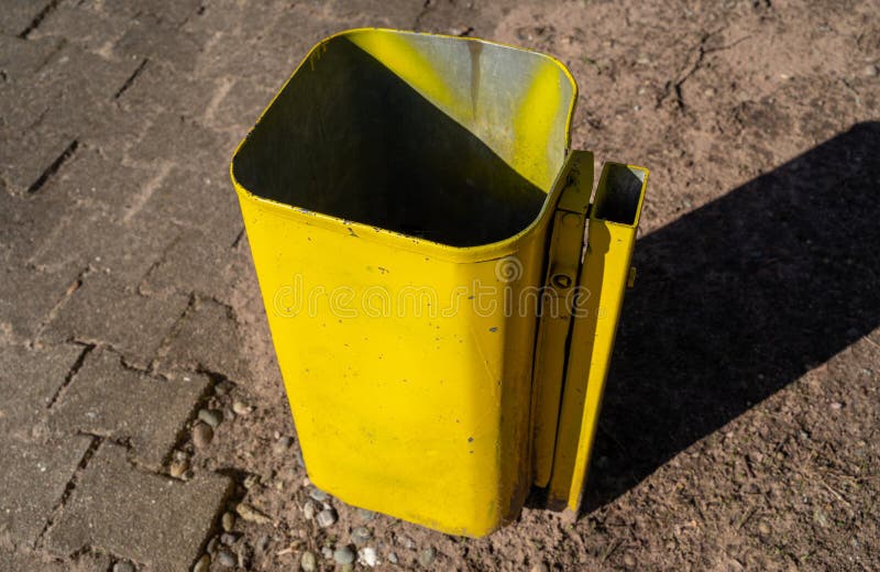 Square Yellow Trash Can in the Park Stock Photo - Image of outside ...