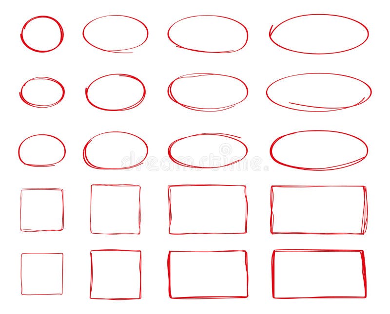 Squares, Oval, Circle Line, Grunge Vector Set in Sketch Style. Red ...