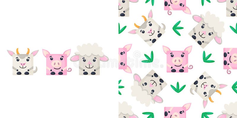 Squares Goat Seamless Pattern. Vector Background with the Faces of Goat ...