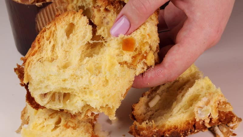 Squeezing a Piece of Fresh Panettone in Hands, Showing Airy, Fluffy ...