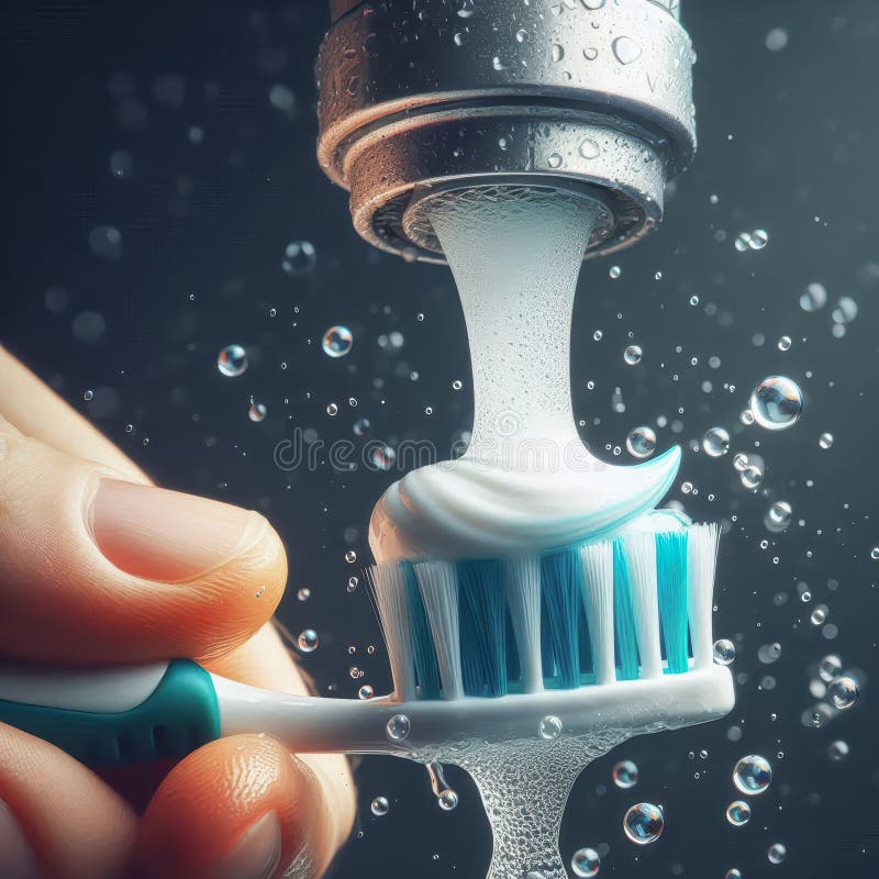 Squeezing Toothpaste on a Toothbrush with Water Droplets in a Bright ...